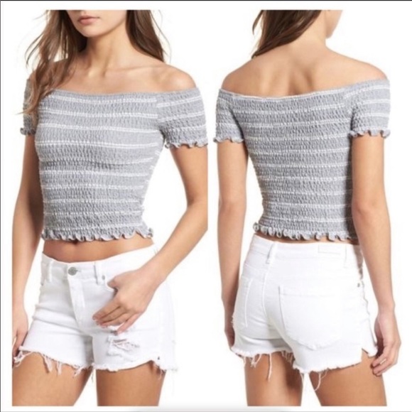 Chloe & Katie | Tops | Chloe Katie Off The Shoulder Crop Top Gray White ...